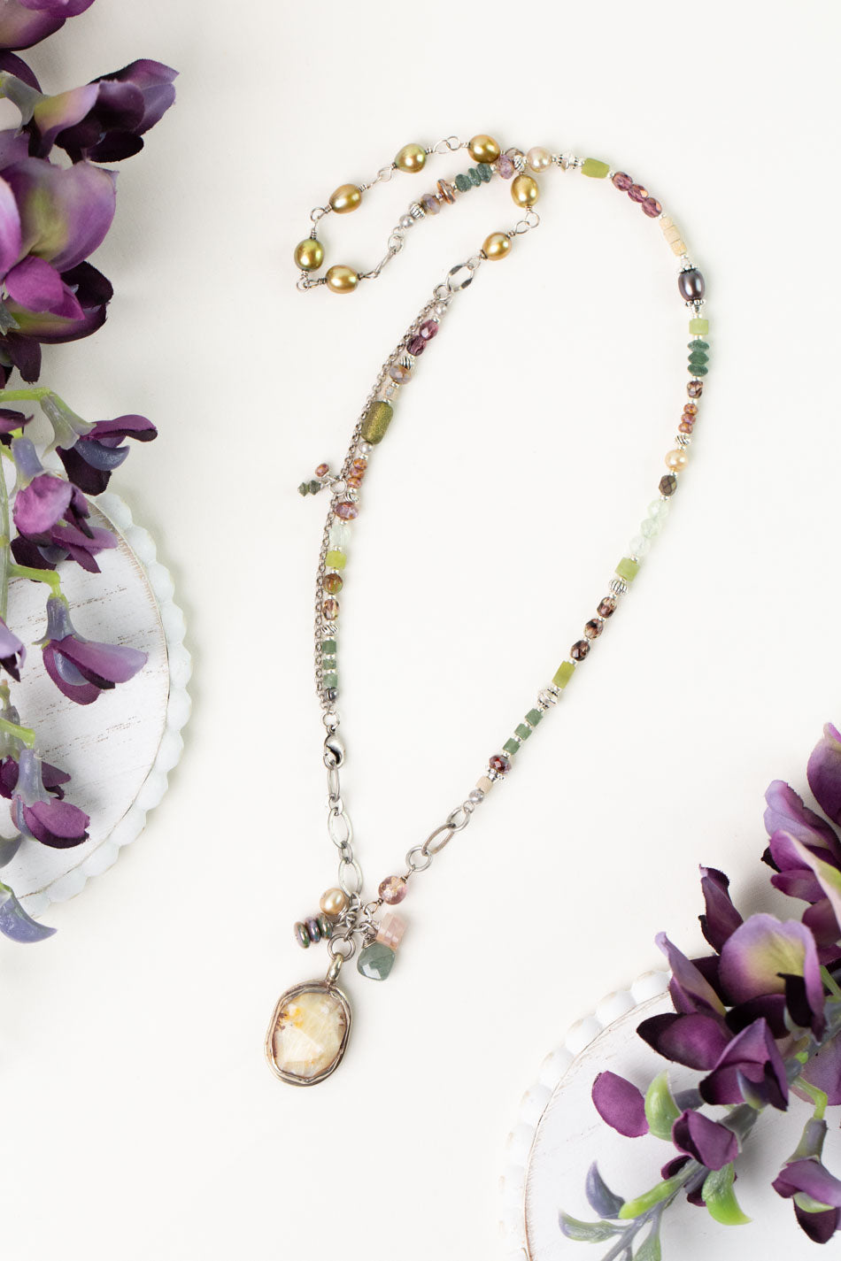 Water Lily 20" Roman Glass, Prehnite, Freshwater Pearl with Yellow Opa ...
