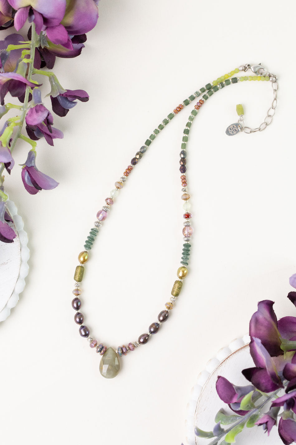 Water Lily 17-19" Czech Glass, Freshwater Pearl, Prehnite Simple Neckl ...